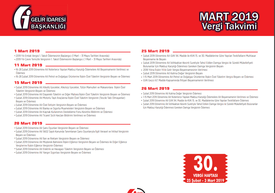 Mart 2019 Vergi Takvimi: Beyan ve Bildirim Tarihleri – VERGİ DOSYASI
